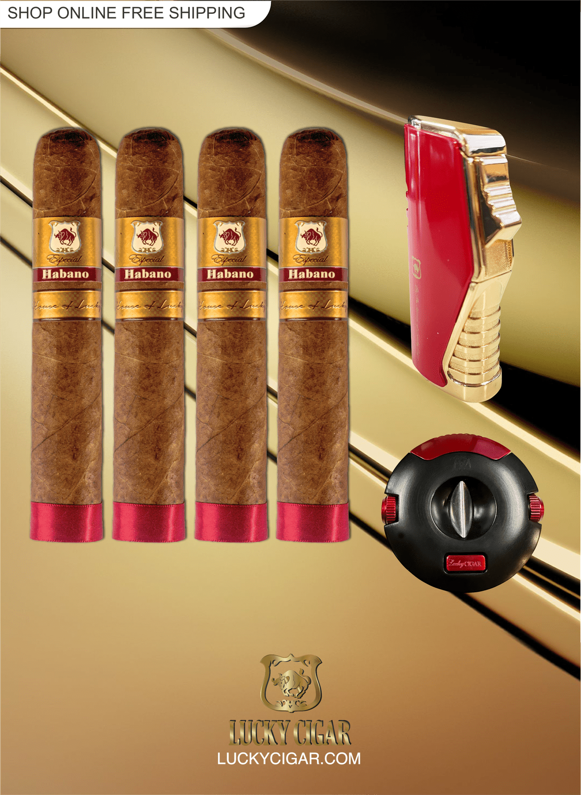 Lucky Cigar Sampler: 4 Habano Robustos + Torch & Cutter