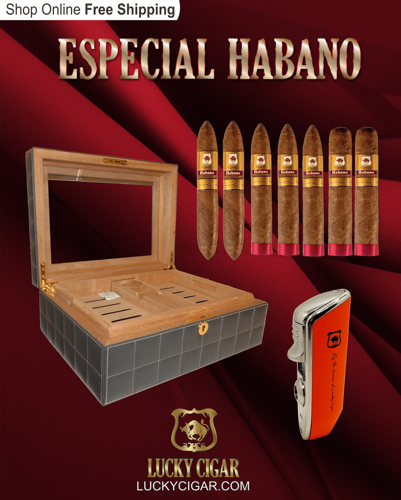 Lucky Cigar: 7 Habano Cigars with Travel Humidor & Torch
