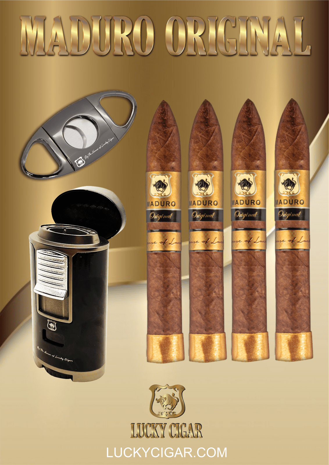 Maduro Original by Lucky Cigar: Set of 4 Torpedo with Torch, Cutter