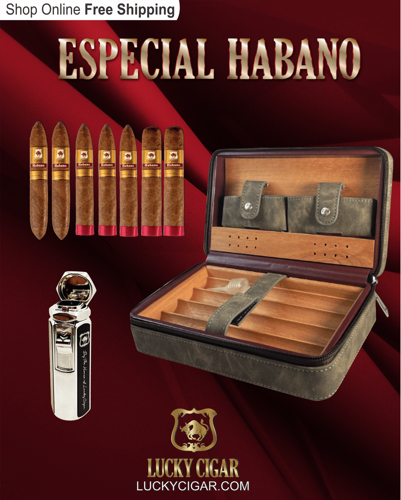 Especial Habano by Lucky Cigar: Set of 6 Cigars with Humidor, Torch